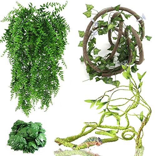 HERCOCCI Reptile Vines, Flexible Jungle Climbing Vines Terrarium Plastic Plants and Leaves Tank Accessories Decor for Gecko Snake Lizard Bearded Dragon Hermit Crab Frog