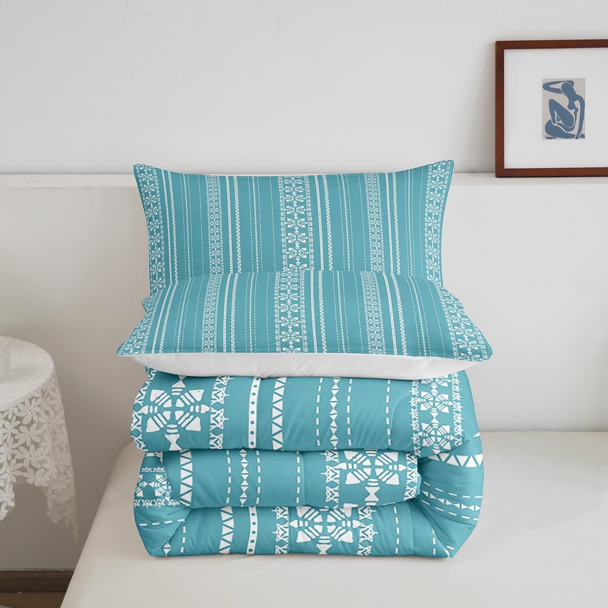 Feelyou Bohemian Comforter Full Size with 2 Pillow Cases Light Blue Boho Comforter Set Aztec Pattern Bedding Set Modern Geometric Quilted Duvet Set for Boys Girls Kids Adults