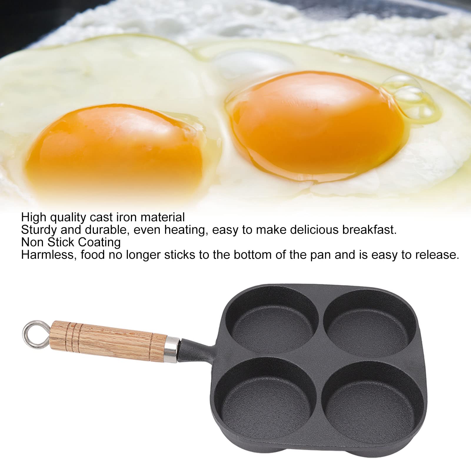 Dussdote Egg Pan, Egg Pan for Egg 4 Cup Egg Frying Pan with Wooden Handle for Breakfast Pancakes Omelettes