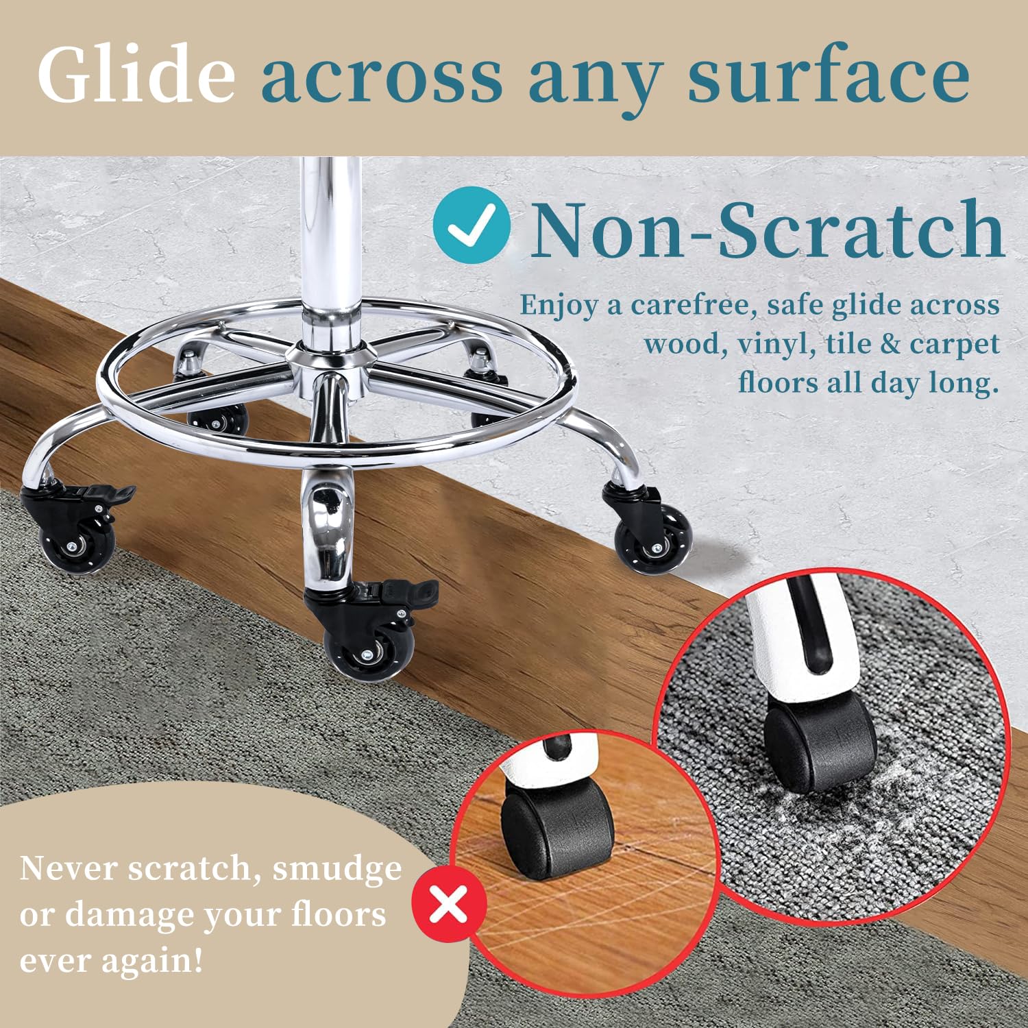 CoVibrant Lockable Rolling Stool Adjustable Swivel Stool with Noiseless Rubber Wheels and Foot Rest for Kitchen Medical Esthetician Studio