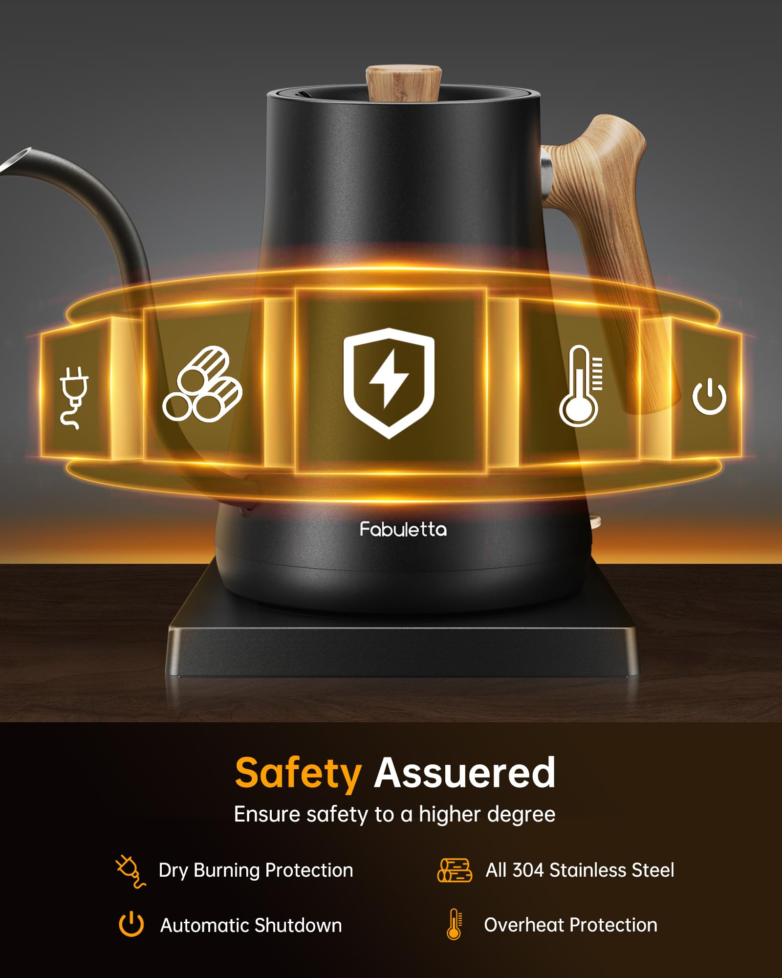 Fabuletta Gooseneck Electric Water Kettle, 3 Minutes Quick Heating, 1200W Pour Over Kettle for Coffee & Tea, Precise Water Flow Control Hot Water Boiler, 100% Stainless Steel Water Boiler