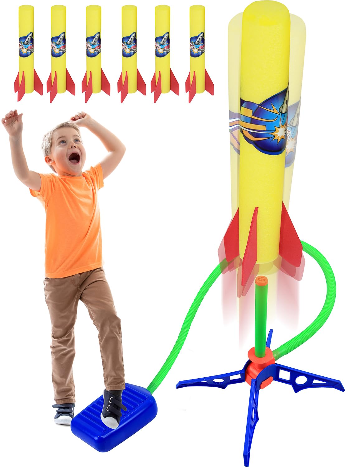 Kiddie Play Rocket Launcher for Kids to Step on with 6 Rockets Outdoor Toys Gift for Boys and Girls Ages 6 Years and Up