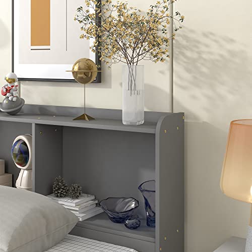 Harper & Bright Designs Twin Bed with Twin Size Trundle and Drawers, Solid Wood Platform Bed Frame with Bookcase Headboard for Kids Teens Adults (Twin Size, Gray)
