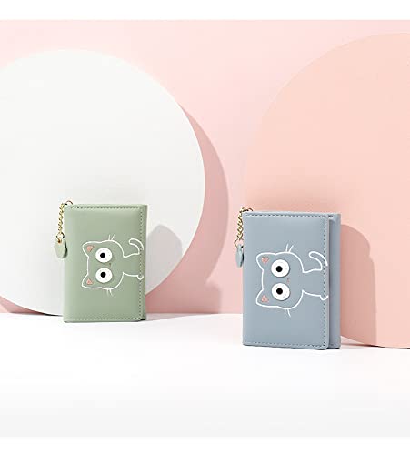 Sunwel Fashion Cute Little Cat Pattern Small Wallet Credit Card Holder Cash Pockets ID Window with Paw Pendant (GREEN, Tri-fold)