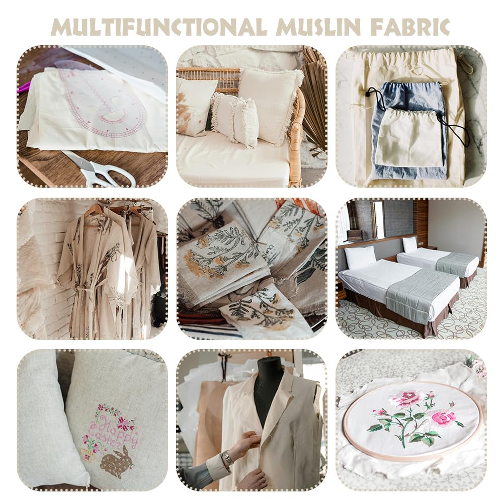 Cotton Fabric: 63 inch x 5 Yards Unbleached Muslin Linen Fabric Perfect for Sewing, Apparel, and Craft(Bleached