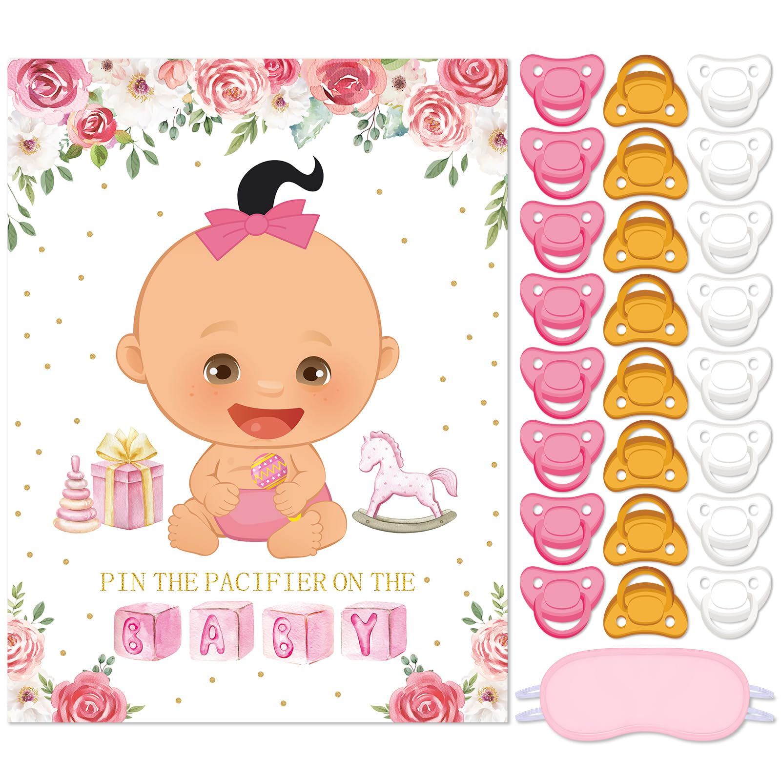 Faccito Pin The Pacifier Baby Shower Games Baby Shower Decoration Include Baby Poster 24 Pacifier Stickers Blindfold Floral Pin Pacifier on Baby Game for Baby Shower Birthday Party Supplies(Pink)