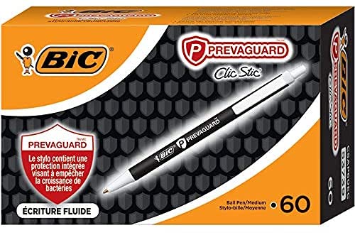 BIC PrevaGuard Clic Stic Ballpoint Pen Contains Built-in Protection On the Pen To Suppress Growth, Black, 60-Count (2 PACK)