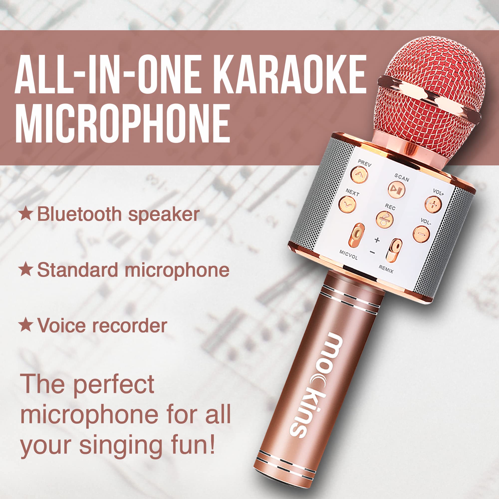 Mockins Rose Karaoke Microphone Wireless w/Built-in Speaker | Wireless Microphones Bluetooth Compatible w/iPhone & Android | Bluetooth Karaoke Microphone for Kids | Portable Microphone Karaoke Mic