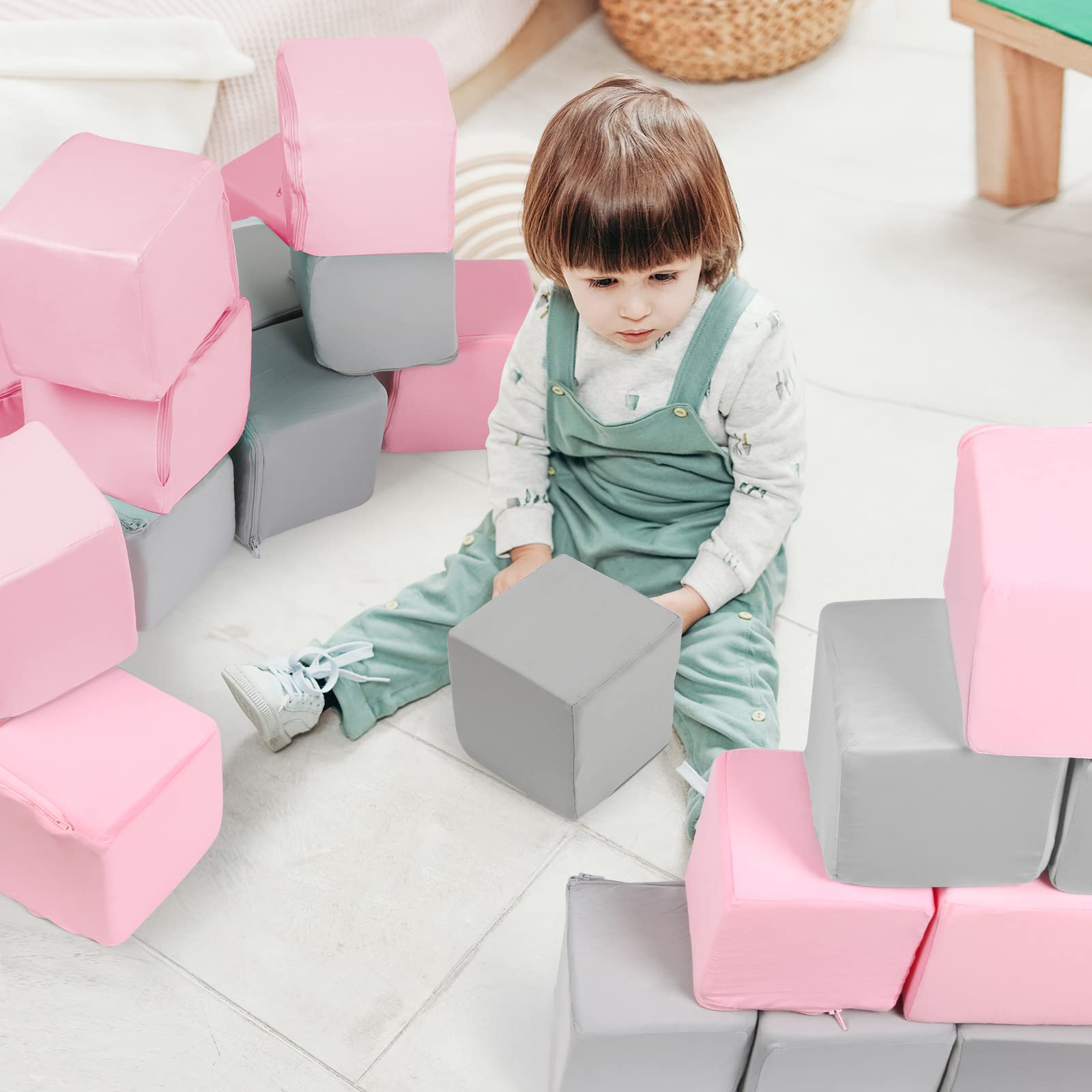 TRENDBOX 12 Pcs Toddler Foam Blocks, 5.5inch Soft Foam Cubes Blocks with Detachable Washable Cover, Soft Play Blocks for Toddlers and Kid (Light Gray & Pink)