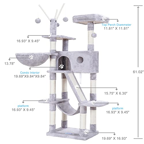 Hey-brother Cat Tree, 61 inch Cat Tower for Indoor Cats, Cat House with Padded Platform Bed, Toy Balls, Large Cozy Condo, Hammocks and Sisal Scratching Posts, Light Gray MPJ019W