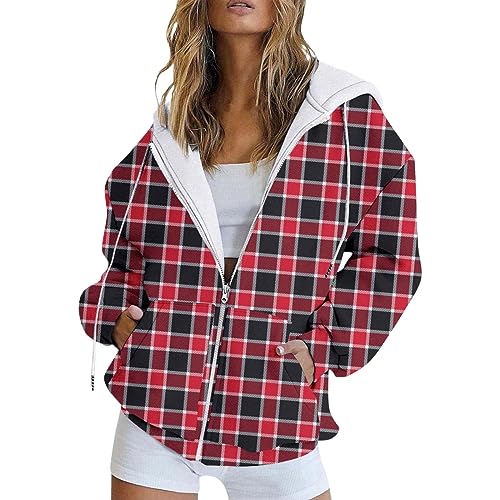 Kiosan Zip Up Hoodies For Women Fashion Autumn Plaid Printed Casual Pocket Long Sleeve Jacket Cute Drawstring (C3-W, XXXL) Stuff For Teen Girls Under 5 Dollars gift for 18 year old girl