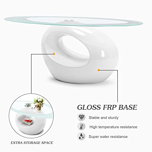 Modern White Glass Coffee Table for Living Room, with Glass Top & Glossy Solid Base for Storage, Sofa Side Central Table, Oval Glass Table Set for Living Room, Sitting Room