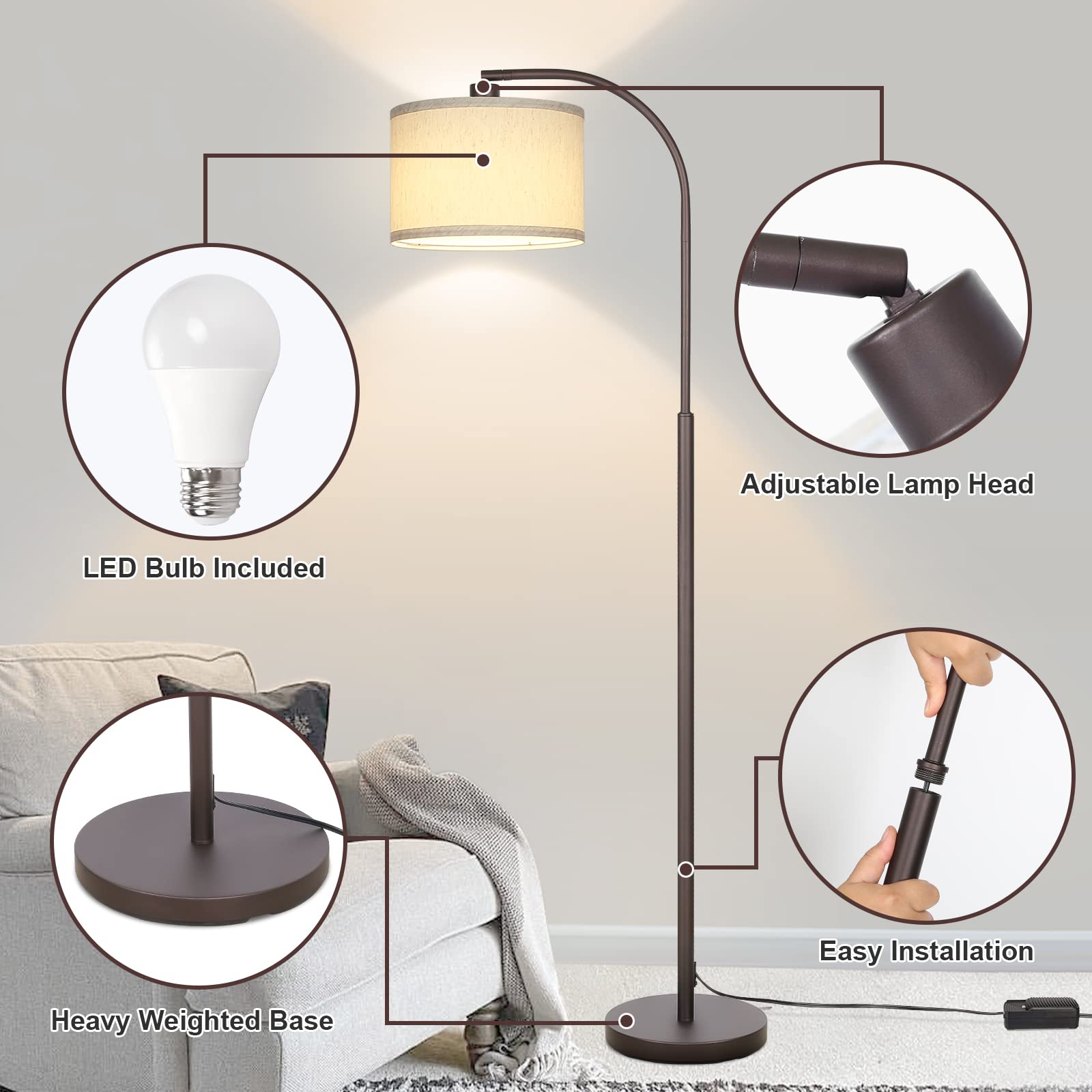 Boncoo Dimmable Floor Lamp, Arc Standing Lamp with Stepless Dimmer, Brown Floor Lamp with Adjustable Linen Beige Shade for Living Room Bedroom Study Room Office, 9W 3000K LED Bulb Included