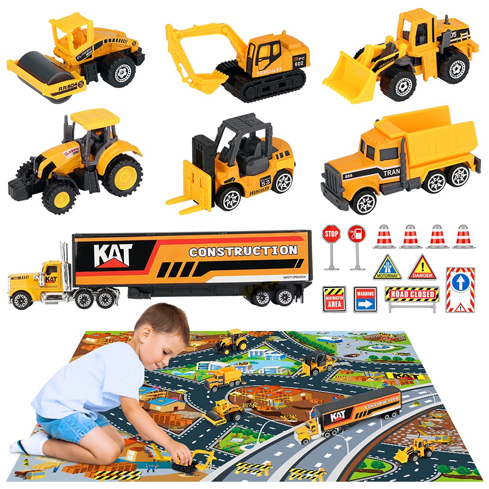 OENUX Construction Toys Trucks & Play Mat, Carrier Truck with Diecast Alloy Excavator,Tractor,Dump Truck,Road Roller,Bulldozer,Forklift,Engineering Toy Vehicles with Road Signs for Kids Boys Girls