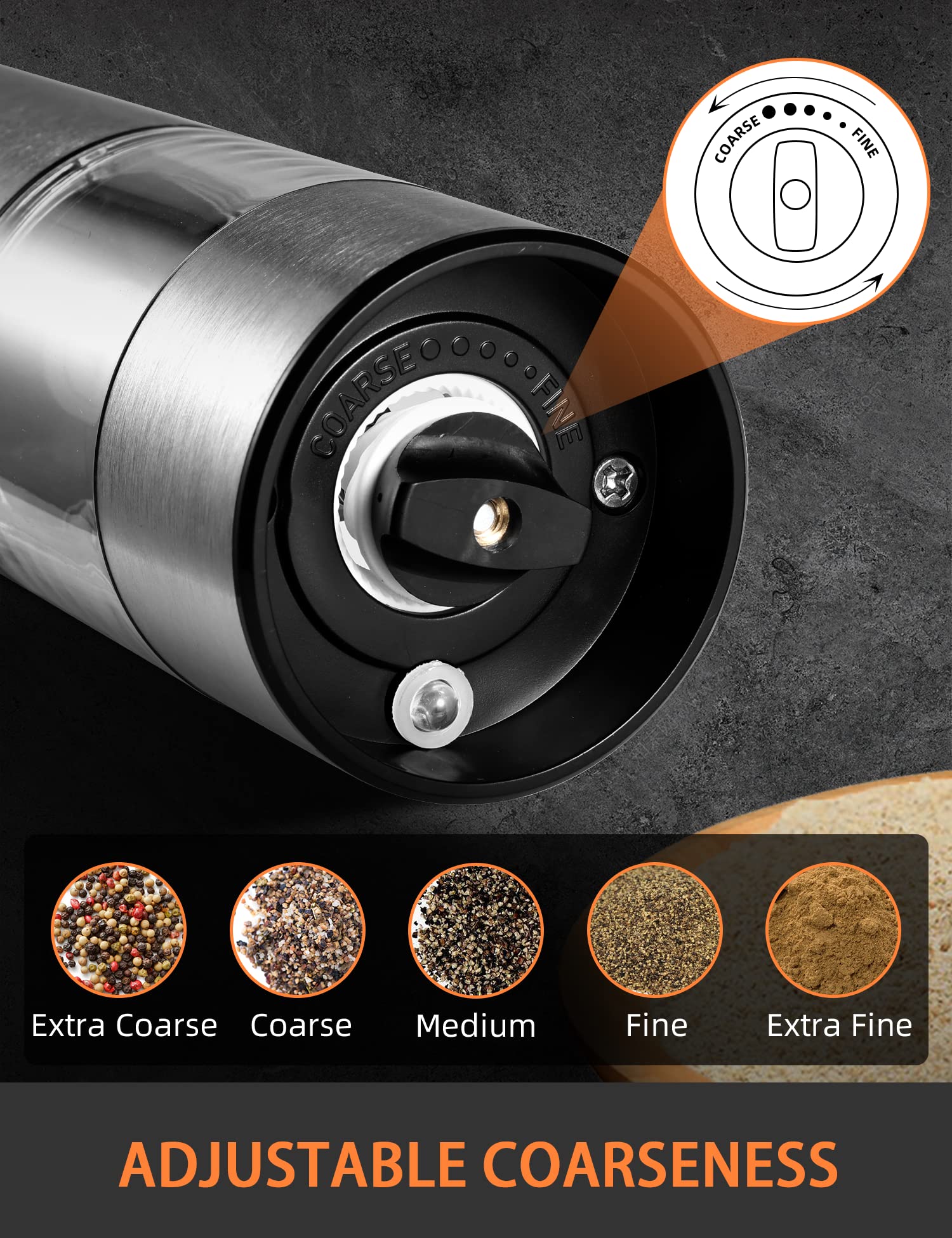 Electric Salt and Pepper Grinder Set Battery Operated, Automatic Refillable Stainless Steel Salt Grinder, 70ml Pepper Container, One Hand Operation, LED Light, Adjustable Coarseness, 2 Pack