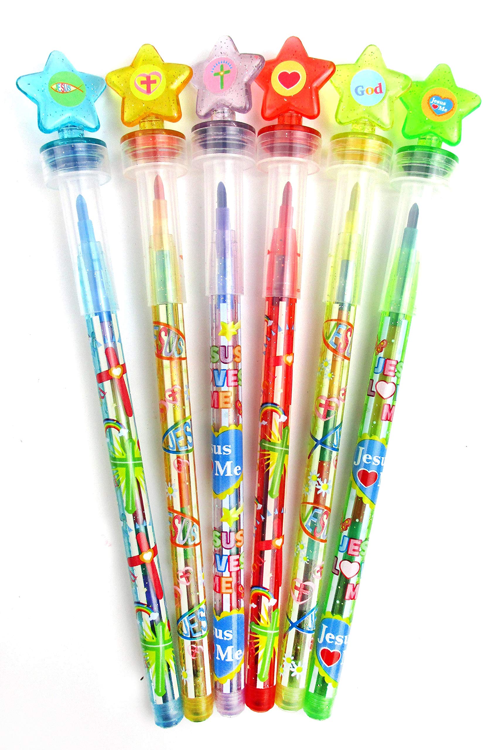 TINYMILLS 24 Pcs Religious Christian 2 in 1 Stackable Stacking Crayon with Extra Stamper Topper, Sunday School Classroom Rewards, Prizes, Christian Toys Sunday School Rewards
