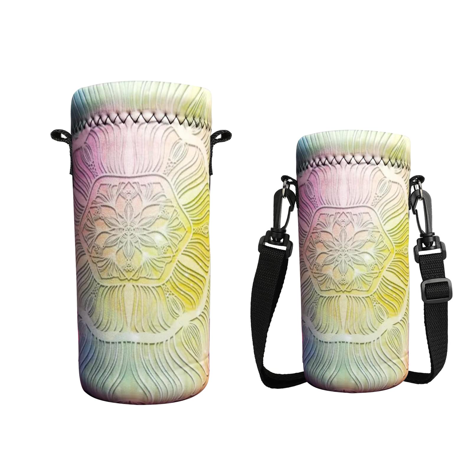 HEABPY Neoprene Water Bottle Carrier ,Water Bottle Strap,Fits 500ml 750ml 1000ml Glass, Plastic, Meta Bottle, Holder with Shoulder Strap,Pouch, Pocket & Carrying Handle (1000ML, Colorful Mandala)