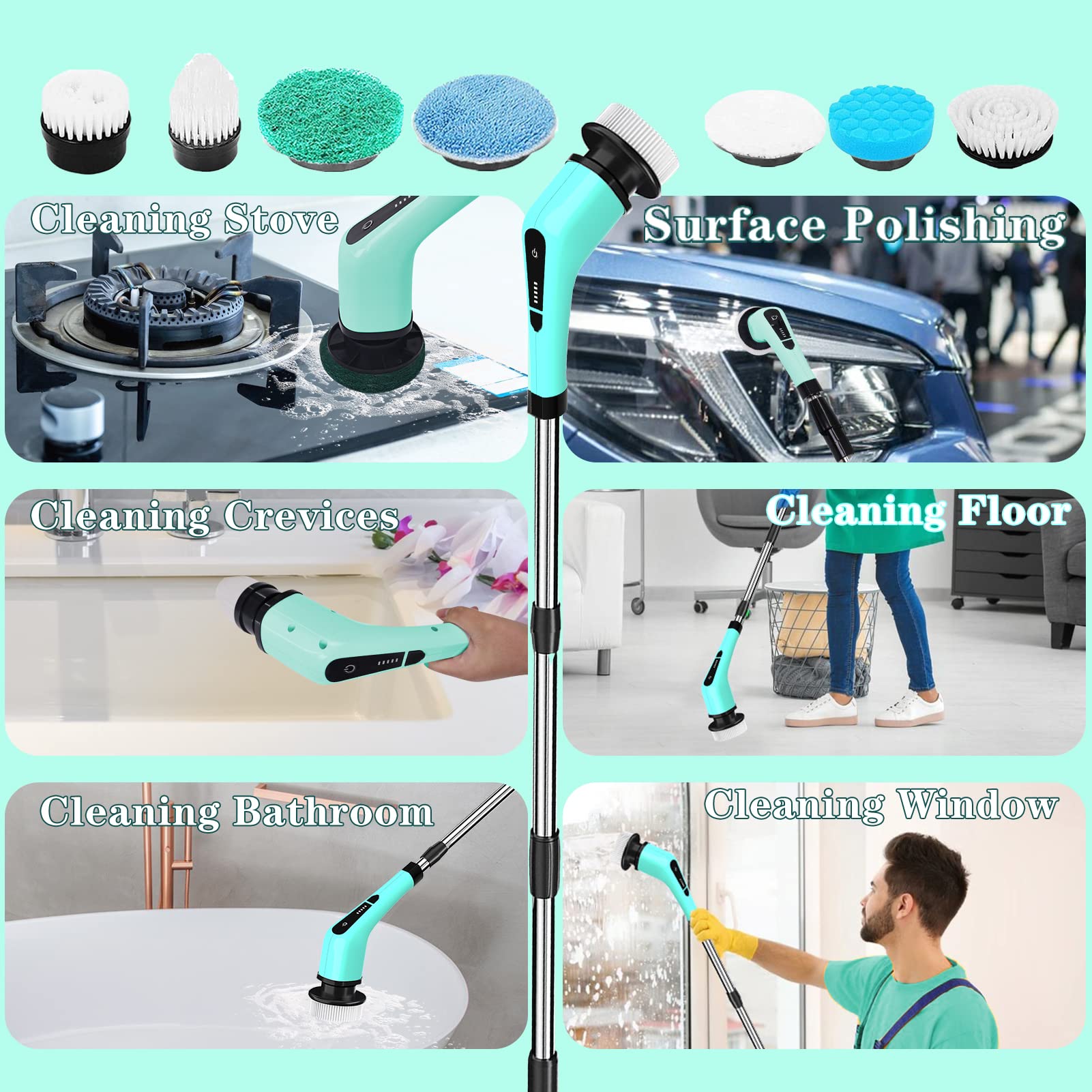 Electric Spin Scrubber, Cordless Bathroom Scrubber with Long Handle, Shower Scrubber for Cleaning with 7 Brush Heads, Power Wall Scrubber Suitable for Cleaning Wall, Kitchen, Bathroom, Window, Floor