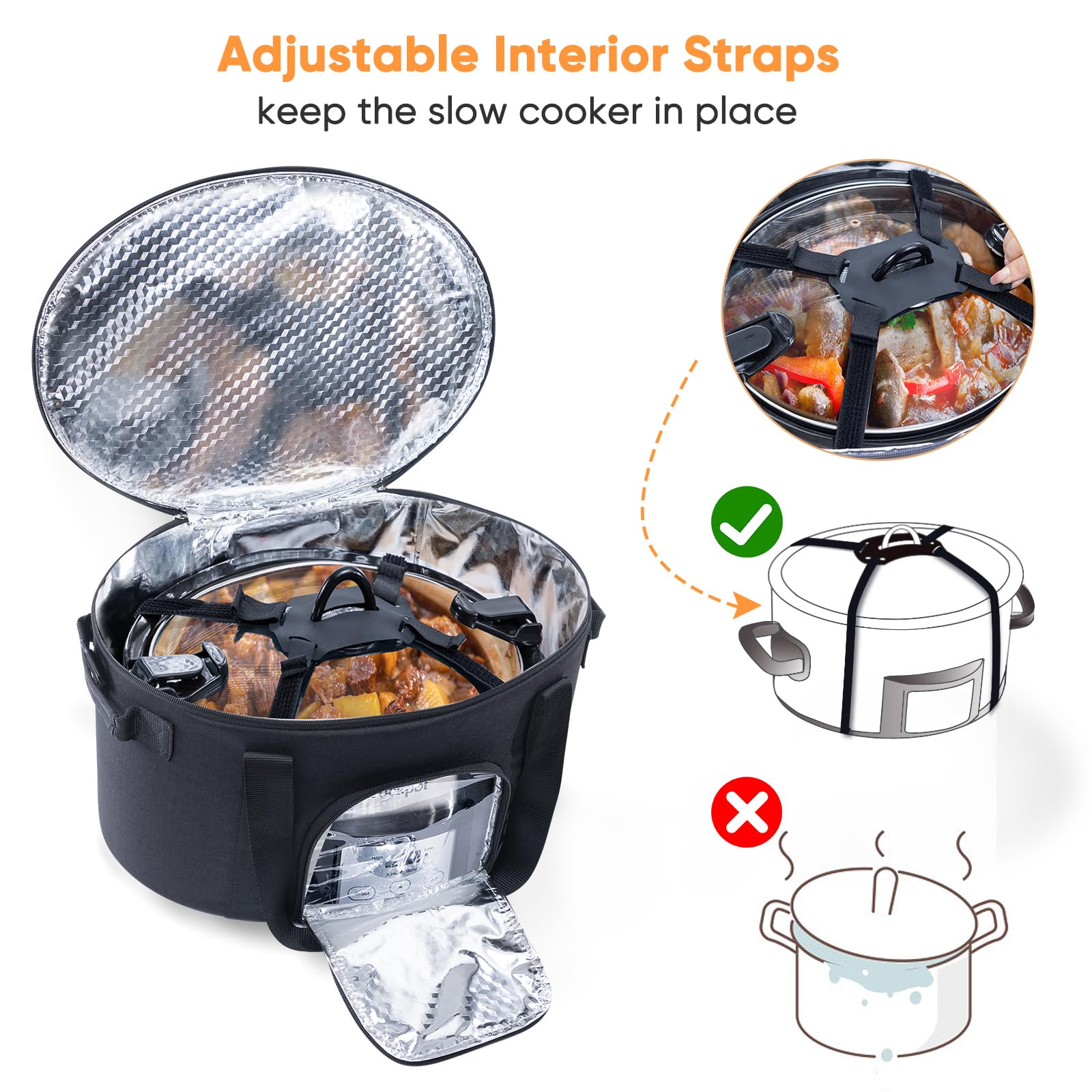 Double-Layer Slow Cooker Carrying Bag for 6-8 Quart CrockPot and Hamlton Beach Slow Cooker, Travel Bag with Lid Fastener for Crock-pot, Portable Carrier Case Slow Cooker Bag with See-thought Window