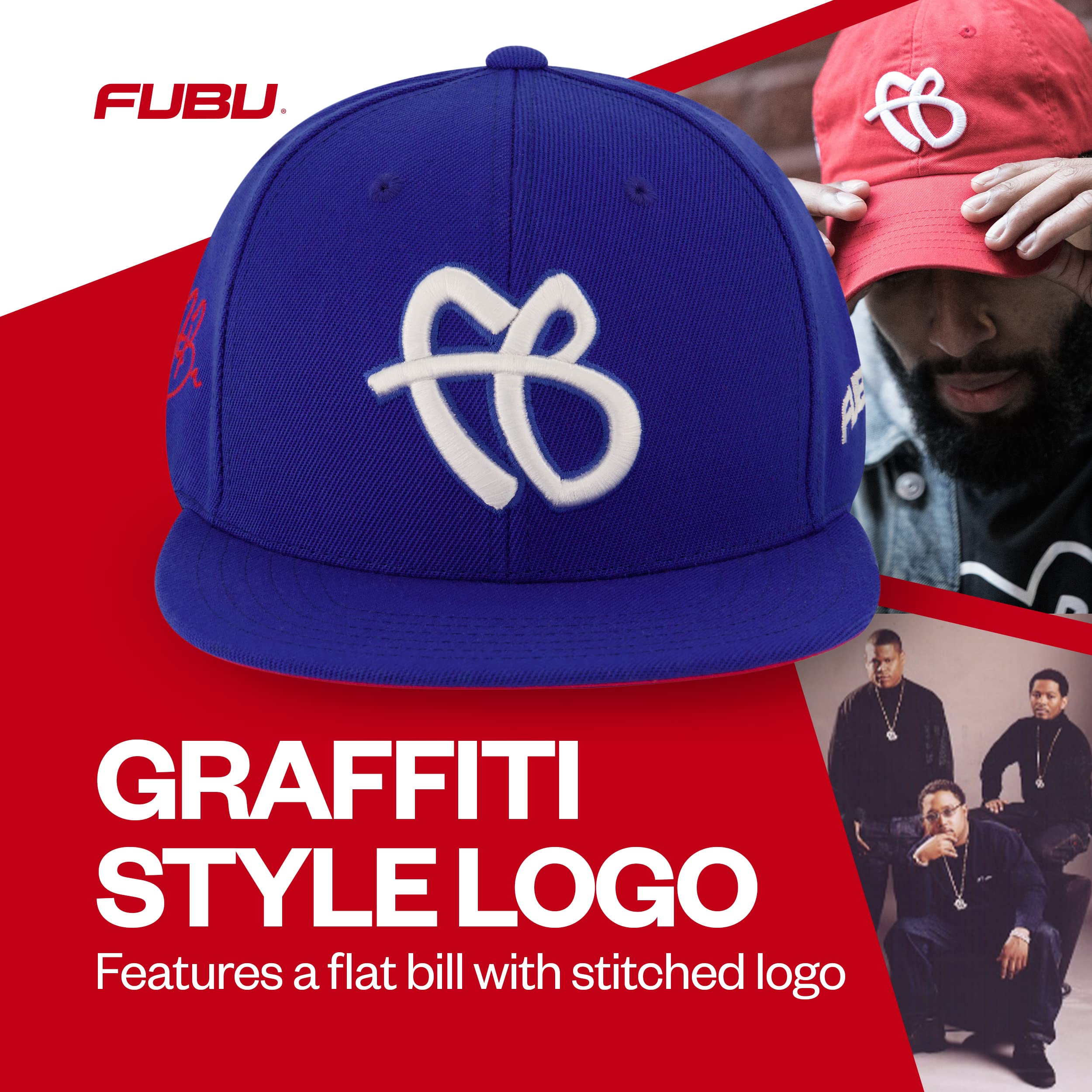 Concept One FUBU Baseball Cap, Adult Snapback Hat with Graffiti Style Logo, Adjustable, Flat Brim, Blue, One Size