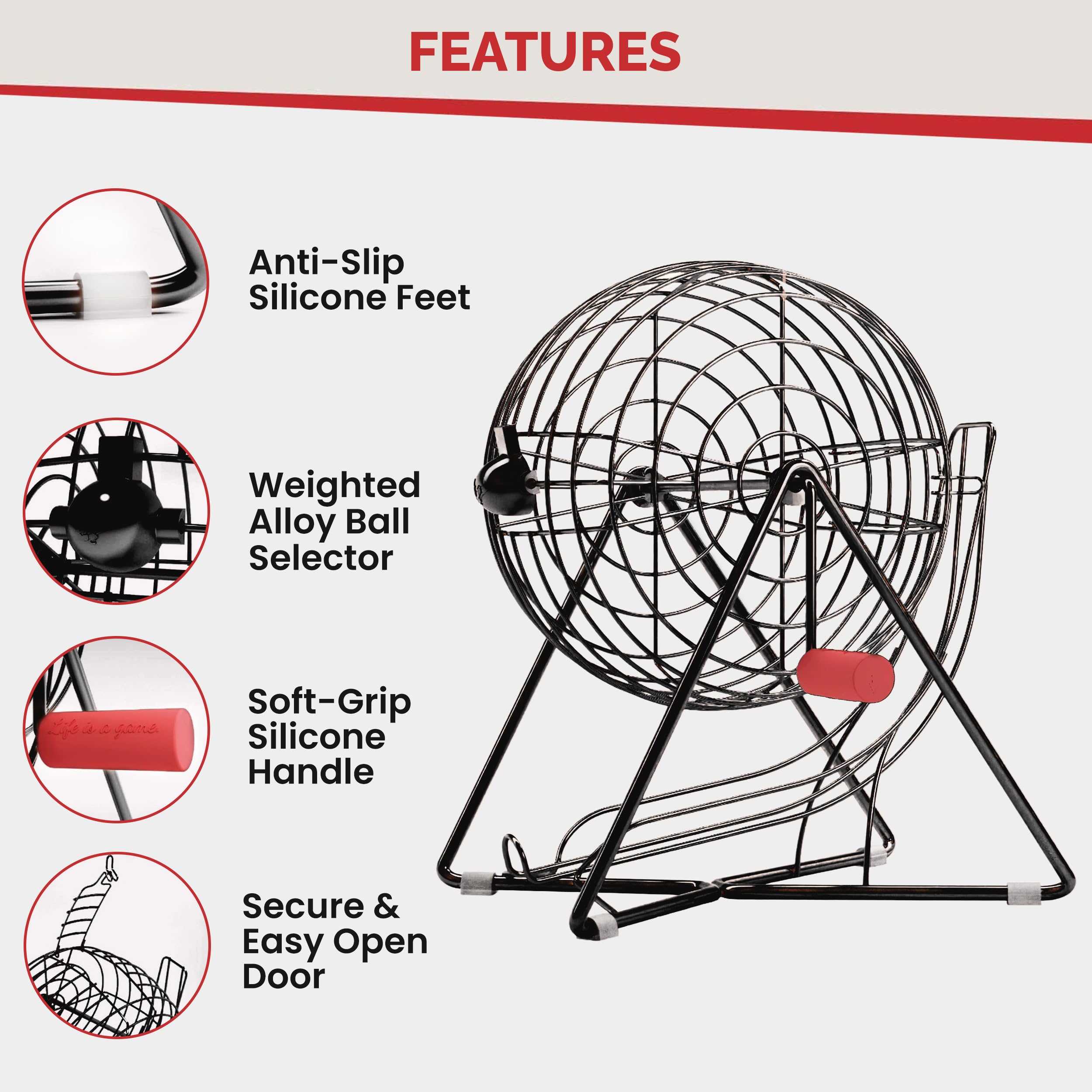 MR CHIPS 11" (Inch) Tall Professional Bingo Set with Steel Bingo Cage, Everlasting 7/8β Bingo Balls, Master Board for Bingo Balls - Mysterious Black Color
