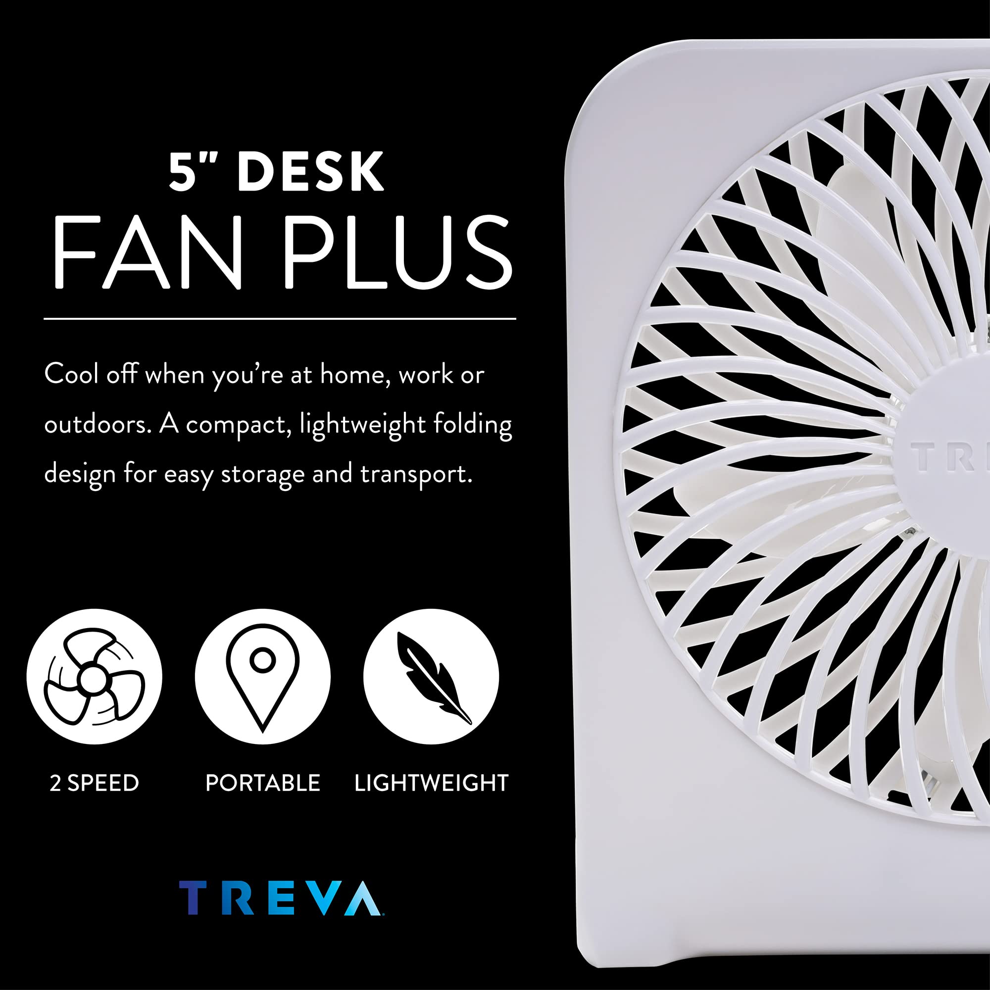 Treva 5-Inch USB and Battery Powered Desk Fan With Two Cooling Speeds and Adjustable Tilt, Small USB Fan Cubicle Accessories Durable and Long Lasting (White)