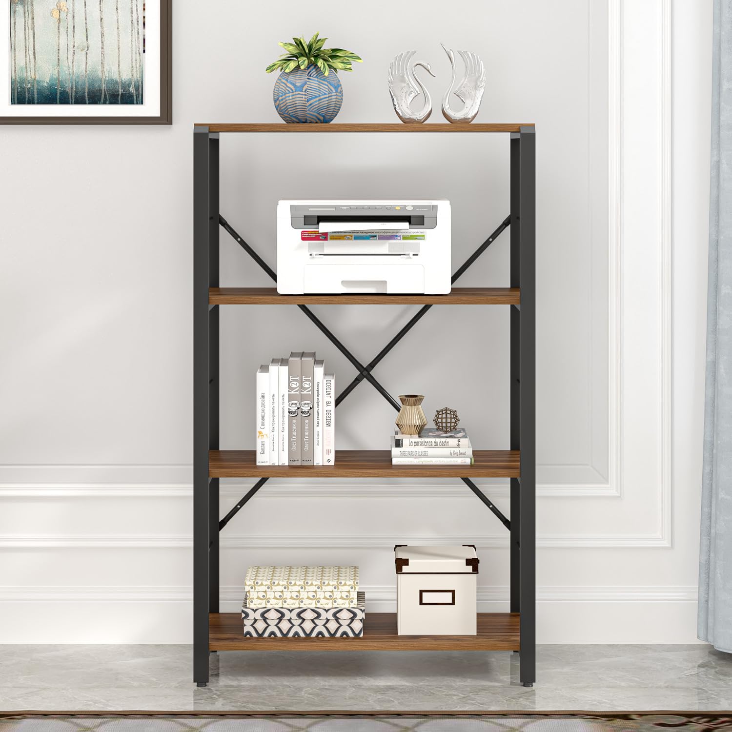 FOLUBAN Modern Bookshelf, 4 Tier Open Display Storage Book Shelf Organizer, Industrial Metal and Wood Bookshelves and Bookcases for Living Room Bedroom Office, Rustic Walnut
