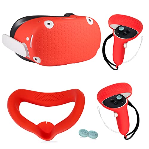 Hanpusen 4-in-1 Silicone Cover Set for Oculus Quest 2 Accessories, Controller Grips Cover, Anti-Fogging VR Face Cover,VR Headset Shell Protective Cover, Shakes Stick Caps Red
