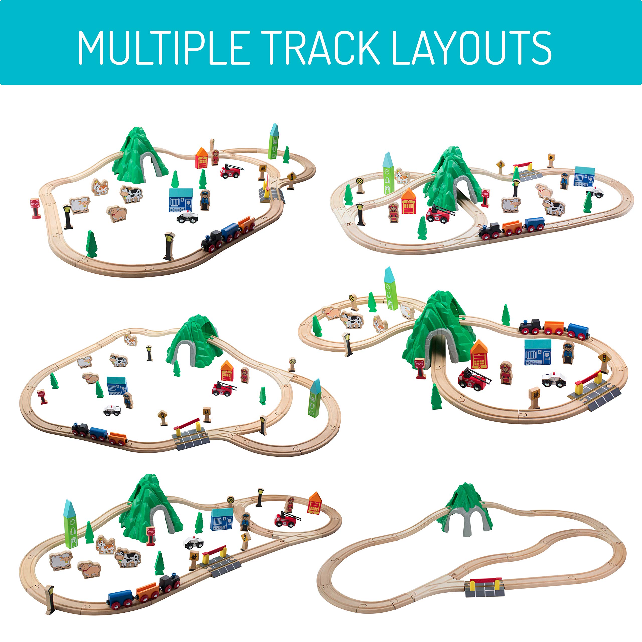 Maxim 50pc Mountain Train Set Set for Toddler with Double-Side Train Tracks Fits Brio, Thomas, Melissa and Doug, Kids Wood Toy Train for 3,4,5 Year Old Boys and Girls