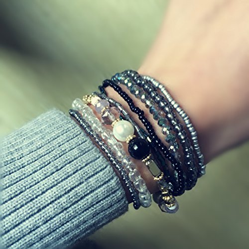 MengPa Stackable Beaded Bracelets for Women Stretch Bohemian layering Strand Statement Jewelry (Grey) G3207C