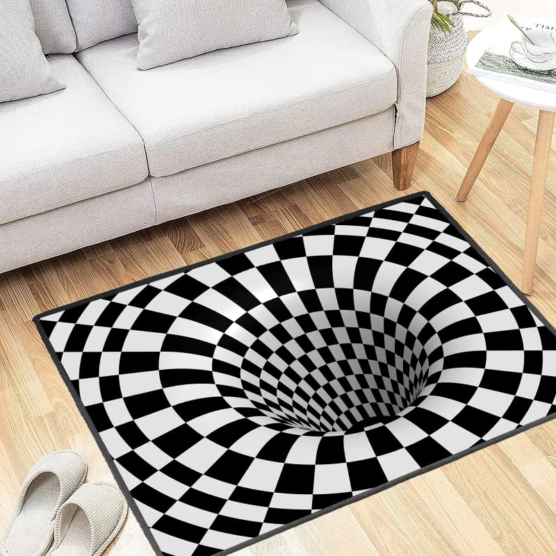 GAGNONLEE 3D Vortexes Illusion Carpet Black White Plaid Square Rugs 3D Visual Optical Floor Mat for Bedroom Livingroom Home Decor Non-Slip Area Rug 24 x 16 inch, 24'x 16'(60x40cm)