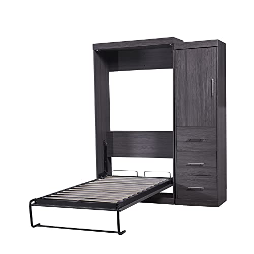 MOEO Twin Size Murphy Bed with Wardrobe and Drawers, Storage Bed, Can be Folded into a Cabinet, Wood Bedframe for Kids and Adults, Bedroom, Dorm, No Box Spring Required, Easy Assembly, Gray