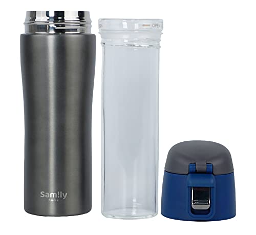 DEDEYA Samily 16oz/473ml Stainless Steel Vacuum Insulated Glass Bottle featured with an easy open flip-top cap, with glass liner inside. keep beverage hot or cold for hours.(Navy Lid )