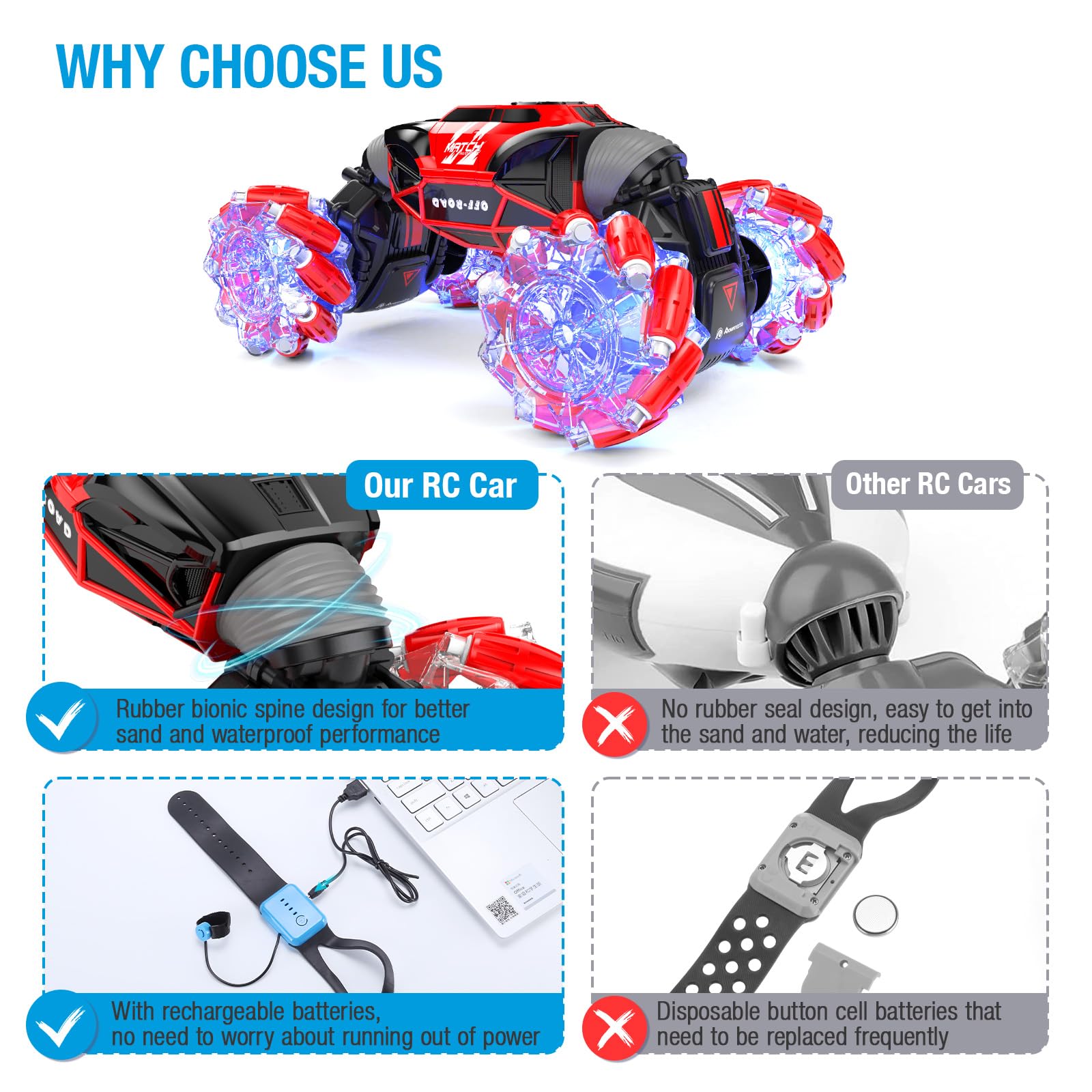 Powerextra Remote Control Car, 4WD Rc Stunt Car with Light & Music, Watch Gesture Sensor Car, Double Sided Rotating Off Road 360° Flips, Toy Car for Boys & Girls - Red