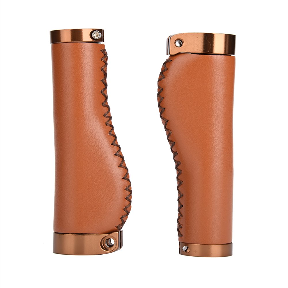Bicycle Handle Grips, PU Leather Bicycle Grips Leather Handlebar Cover Grips for 7/8 Inch Handle Bars of Beach Cruiser Bikes, 1Pair(Brown)