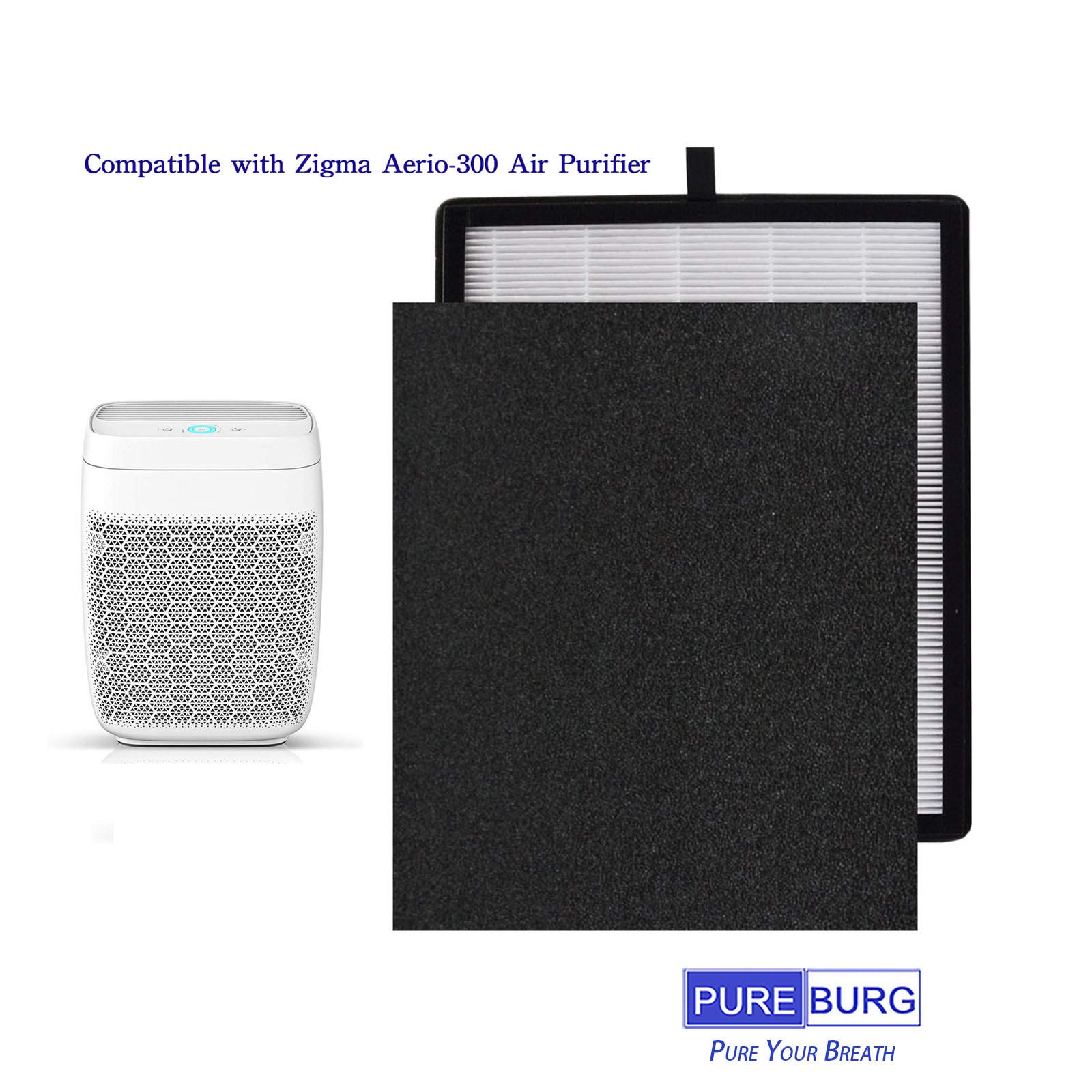 PUREBURG Replacement Filter Set Compatible with Zigma Aerio-300 Air Purifier, 2-Pack H13 HEPA + Activated Carbon Pre-Filter x 4 Air Clean Dust VOCs