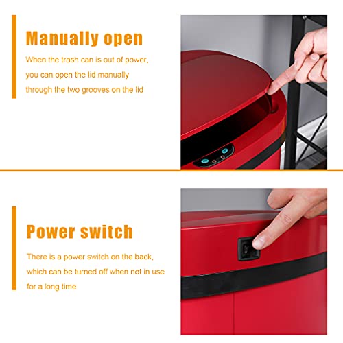 HHS Trash Can Garbage Can Stainless Steel 13 Gallon Trash Can with Lid Touchless Metal Kitchen Trash can Wastebasket for Bathroom, Bedroom, Kitchen and Office (5 Liter) Red…