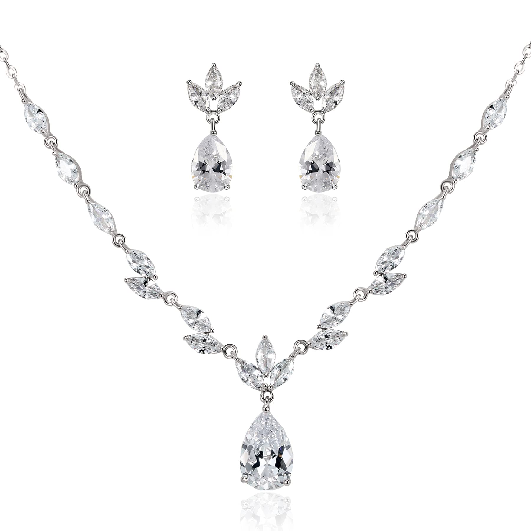 SWEETV Wedding Jewelry Set for Bride Bridesmaids, Teardrop Bridal Necklace Earrings Set, Cubic Zirconia Wedding Bridal Jewelry for Women