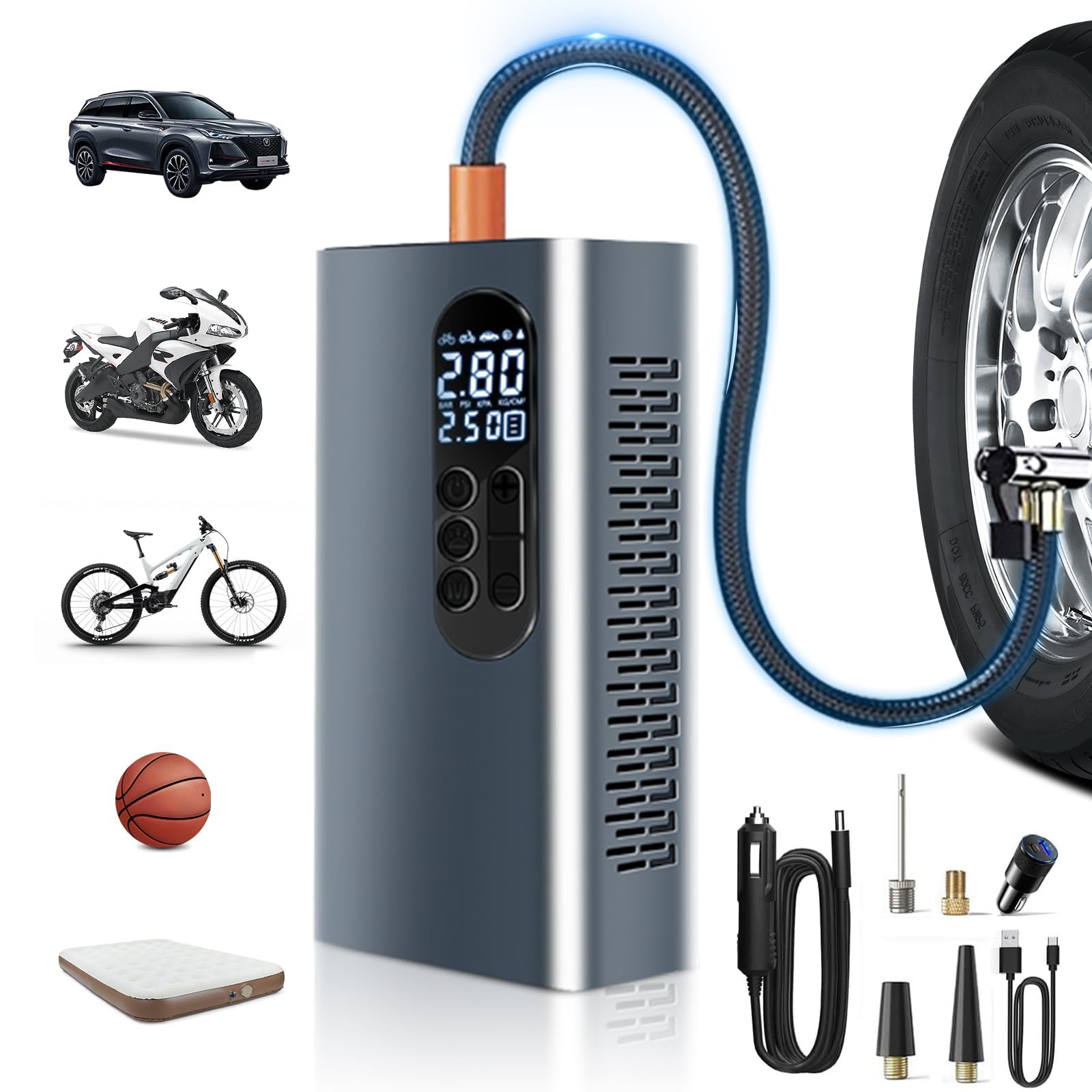 FEERNICH Tire Inflator Portable Air Compressor - Cordless Air Pump for Car Tires（DC 12V 150psi）with Display and Pressure Detection Function, Suitable for Cars, Bike, Ball, Motorcycle (silver gray)