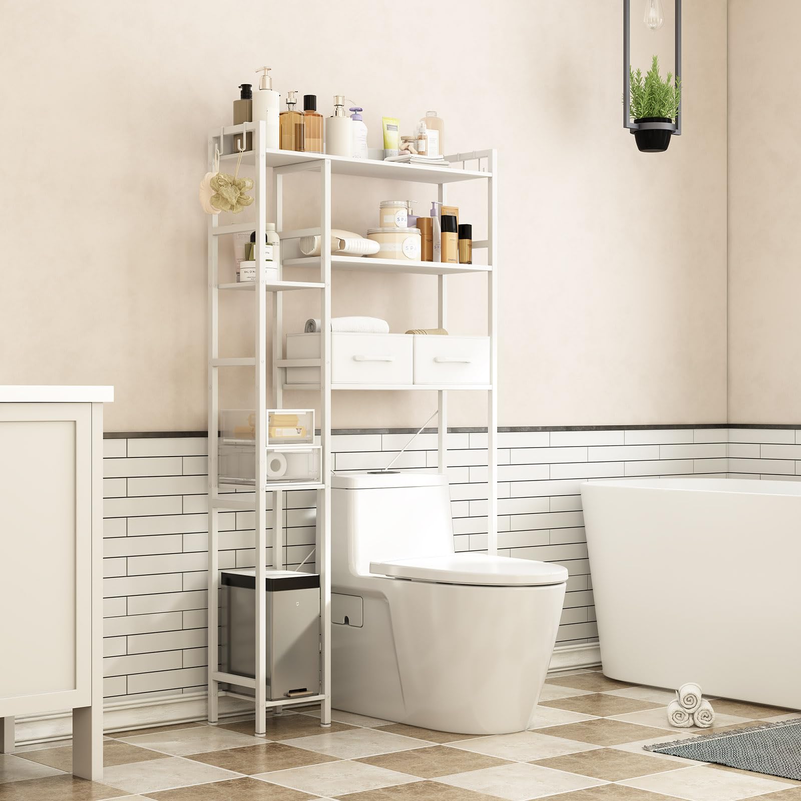 EdartHouse Over The Toilet Storage with 2 Drawers, Over Toilet Storage with Adjustable Shelf, Home Space-Saving Toilet Rack Above Toilet Storage with 4 Hooks for Restroom, Laundry(Rustic Brown)