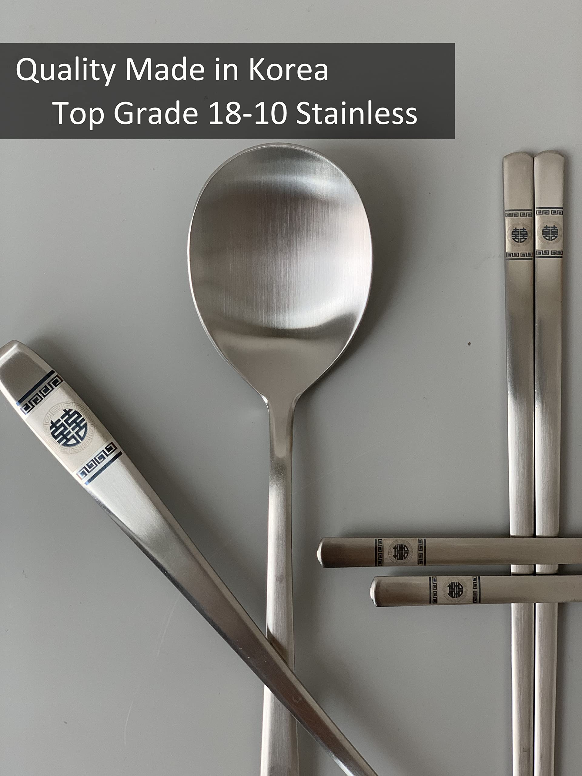 cozymomdeco Korean Made Silver Color Cutlery Spoon Chopsticks 18-10 Stainless Steel Printed Traditional Pattern_2 SET