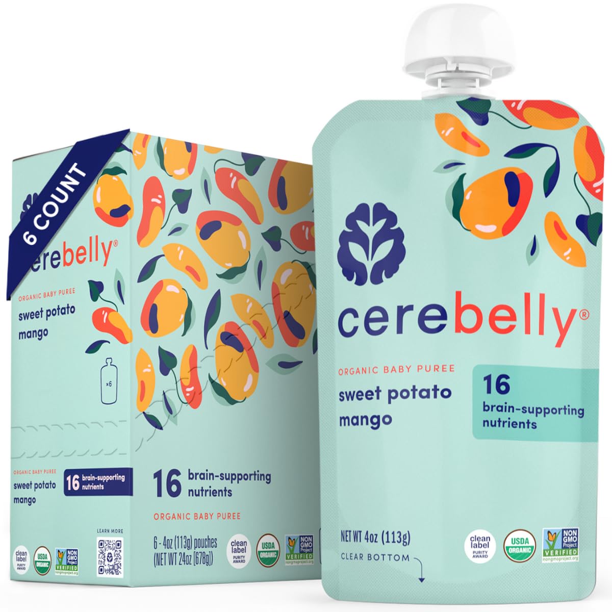 Cerebelly Baby Food Pouches ā Organic Sweet Potato Mango (4 oz, Pack of 6) - Toddler Snacks - 16 Brain-Supporting Nutrients - Healthy Snacks, Made with Gluten-Free Ingredients, Non-GMO, No Added Sugar