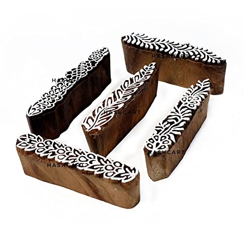HASHCART® Wooden Pottery Stamps for Block Printing - Finger Stamp Set of 5, Wooden Printing Stamps for Crafting on Fabric, Clay & Henna Tattoo, Wood Stamps for Saree