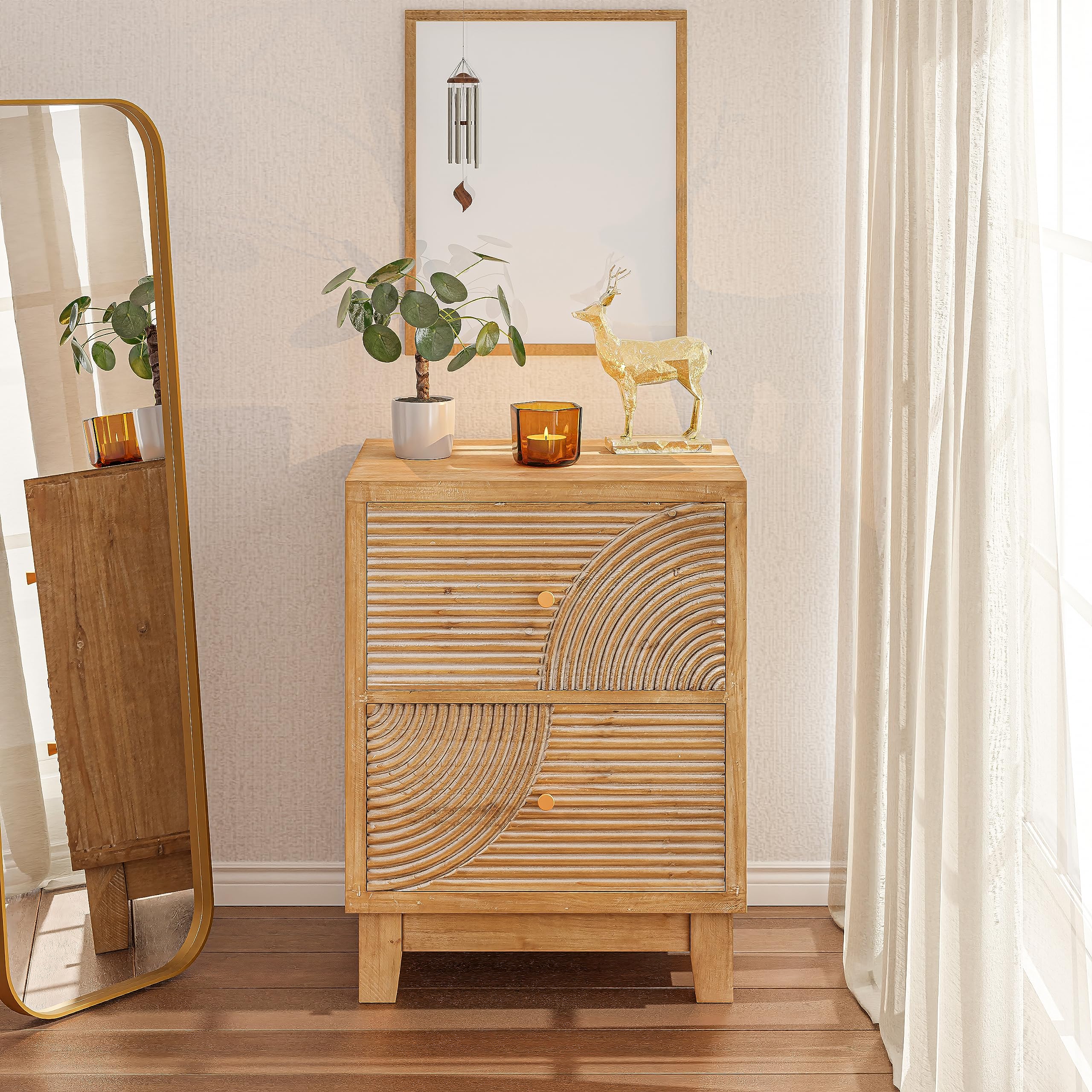 COZAYH 2-Drawer Farmhouse Nightstand, Mid Century Nightstand Fully Assembled with Handcrafted Wood Ring Pattern for Boho, Mid-Century, Rustic Style, Natural Wood