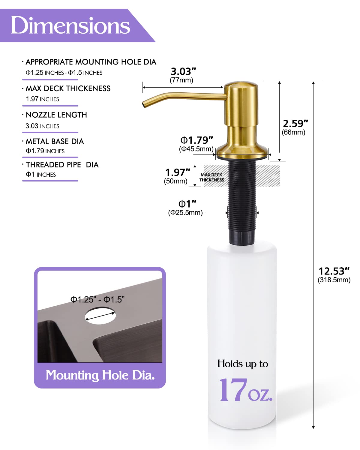Built in Soap Dispenser for Kitchen Sink, Stainless Steel (Gold), Pump Set for Dish Soap or Lotion, Refill from The Top, Sink Soap Dispenser for Countertop, 17 OZ Large