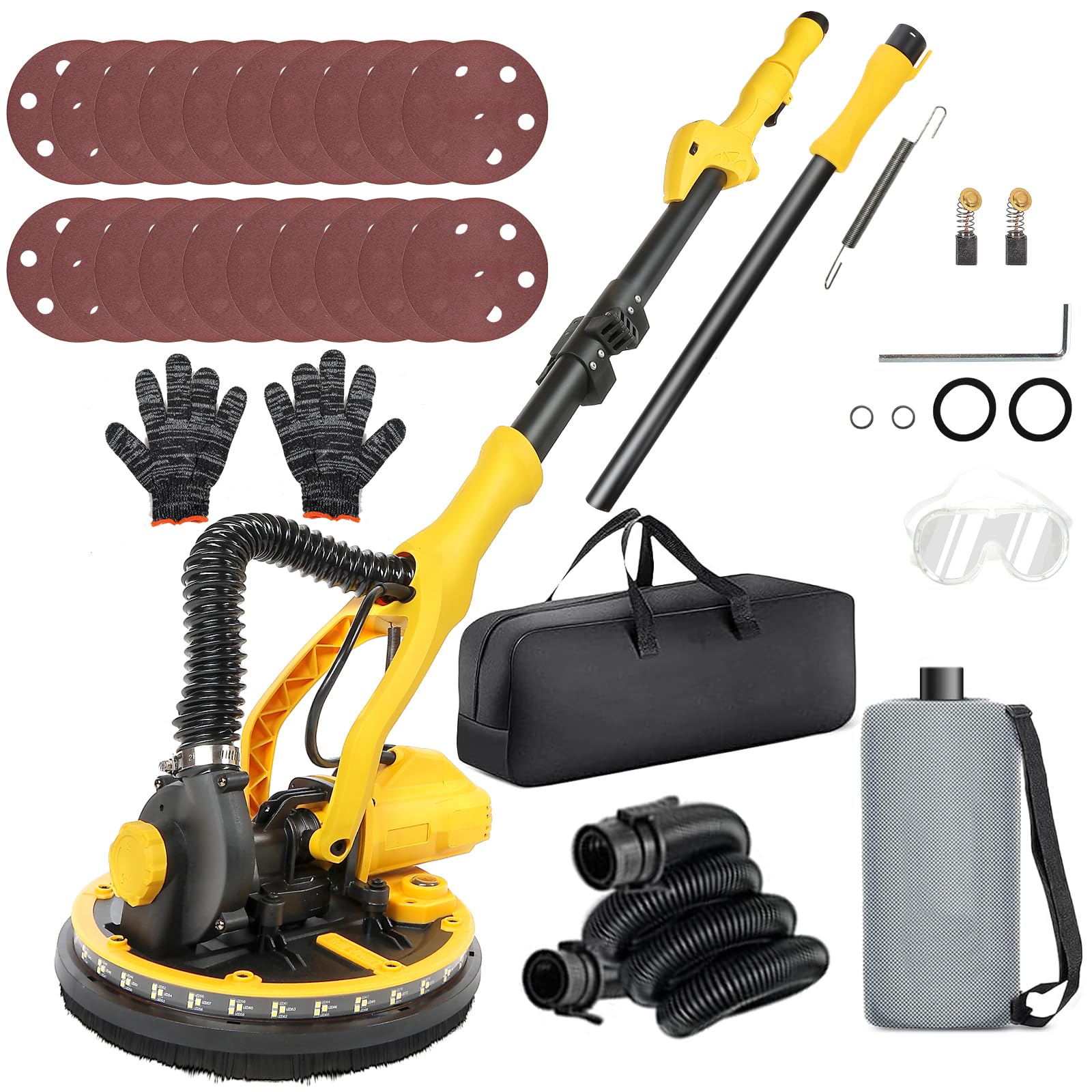 Drywall Sander,950W Electric Drywall Sander with Vacuum, Popcorn Ceiling Removal Tool with Variable Speed 800-2100RPM,Floor Sander with Foldable Handle, 16 Sanding Discs,Pure-Copper Motor (Yellow)