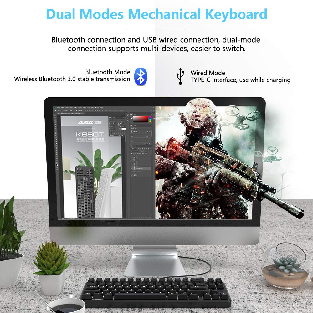 NACODEX K680T 60% Wireless/Wired Mechanical Keyboard - Compact 68 Keys 1000mAh Rechargeable Gaming/Office Keyboard Multi-Device for iOS Android Windows and Mac (Blue Switch White Backlit Black)