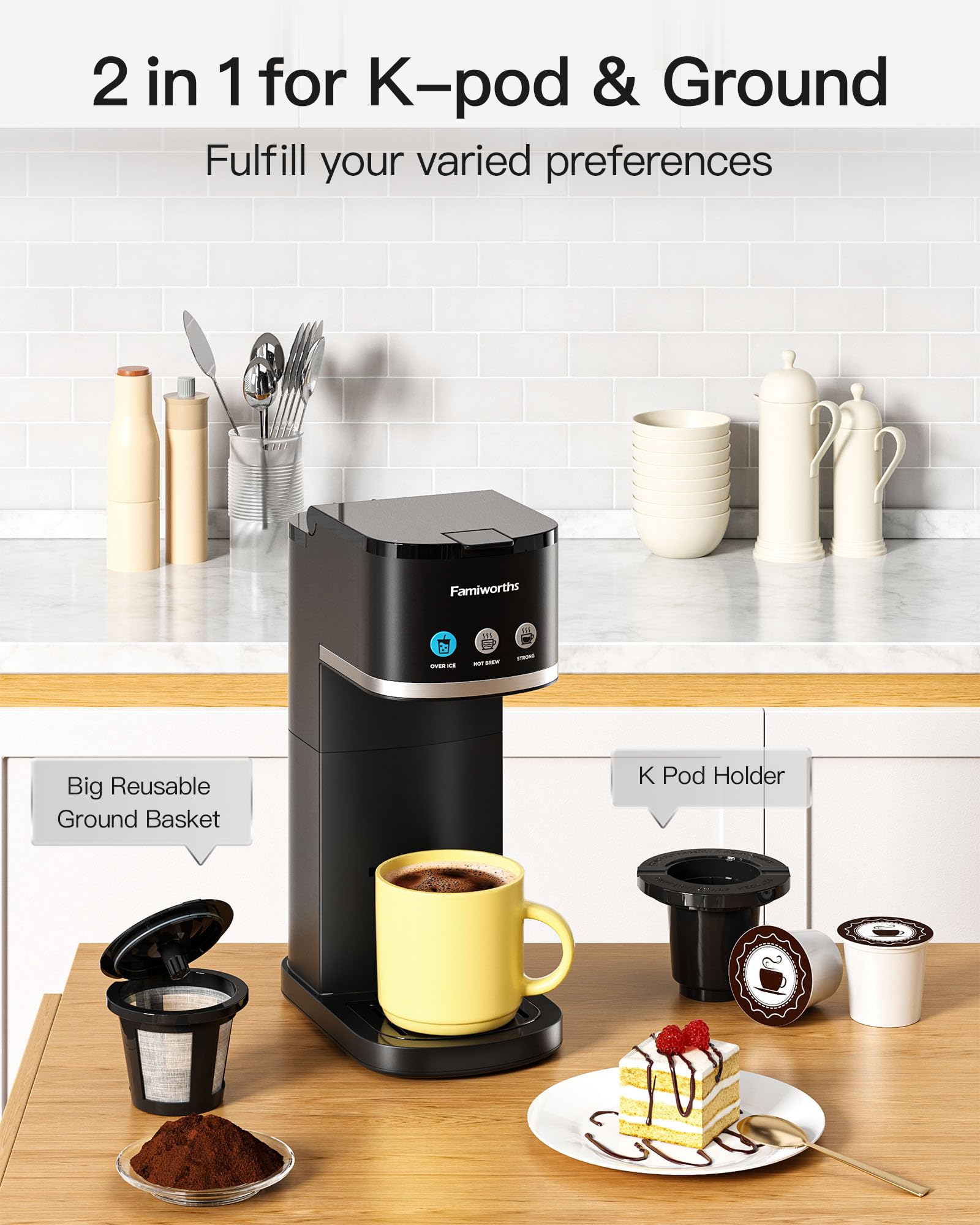 Famiworths Single Serve Coffee Maker, Iced and Hot Coffee Machine for K Cup & Ground Coffee, 6 to 16 Oz Brew Sizes, Fit 8.5" Travel Mug, Capsule Coffee Machine with Descaling Reminder, Blue