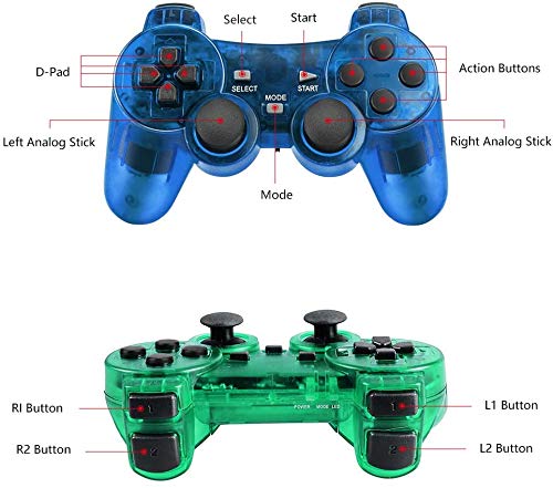 BicycleStore 2 Pack Controller for PS2 Playstation 2.4G Gamepad Joystick Remote with Shock Vibration (ClearBlue and ClearGreen)