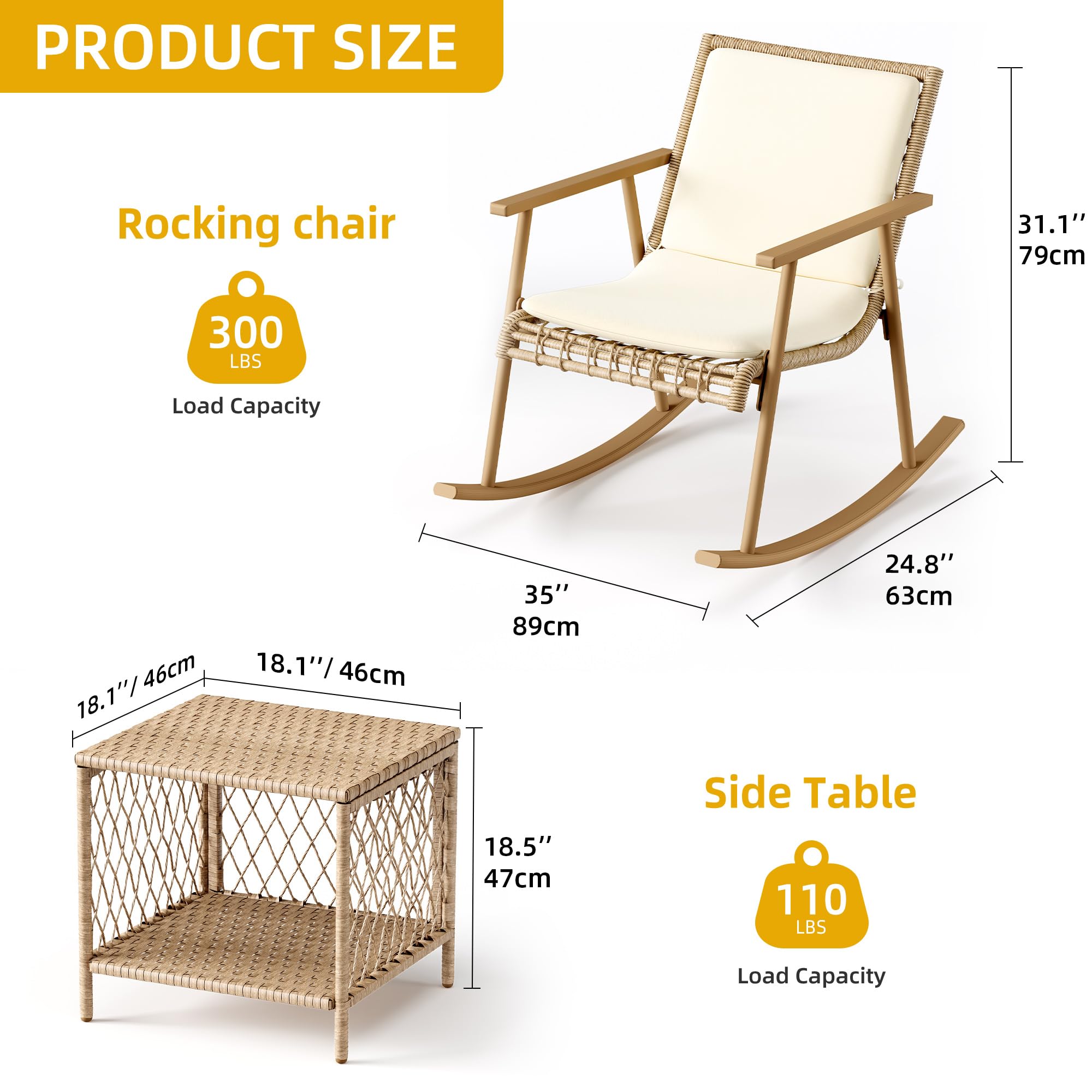 DWVO 3 Pieces Rocking Wicker Bistro Set, Patio Outdoor Conversation Sets with 2-Tier Coffee Table, Oversize Rattan Furniture Set for Garden Backyard Balcony, Beige